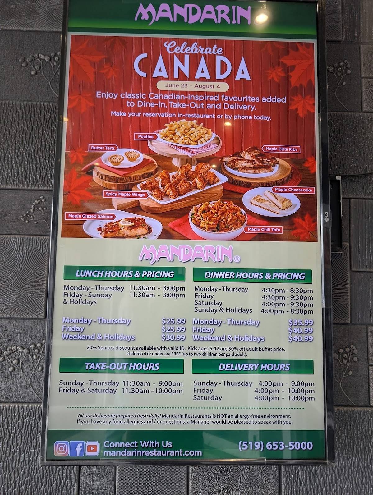 Menu at Mandarin Restaurant, Kitchener, King St E