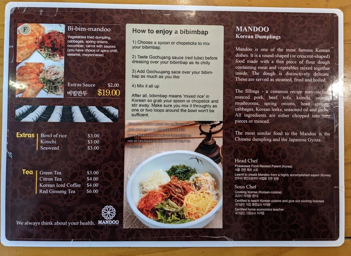 Menu at Mandoo restaurant, Adelaide