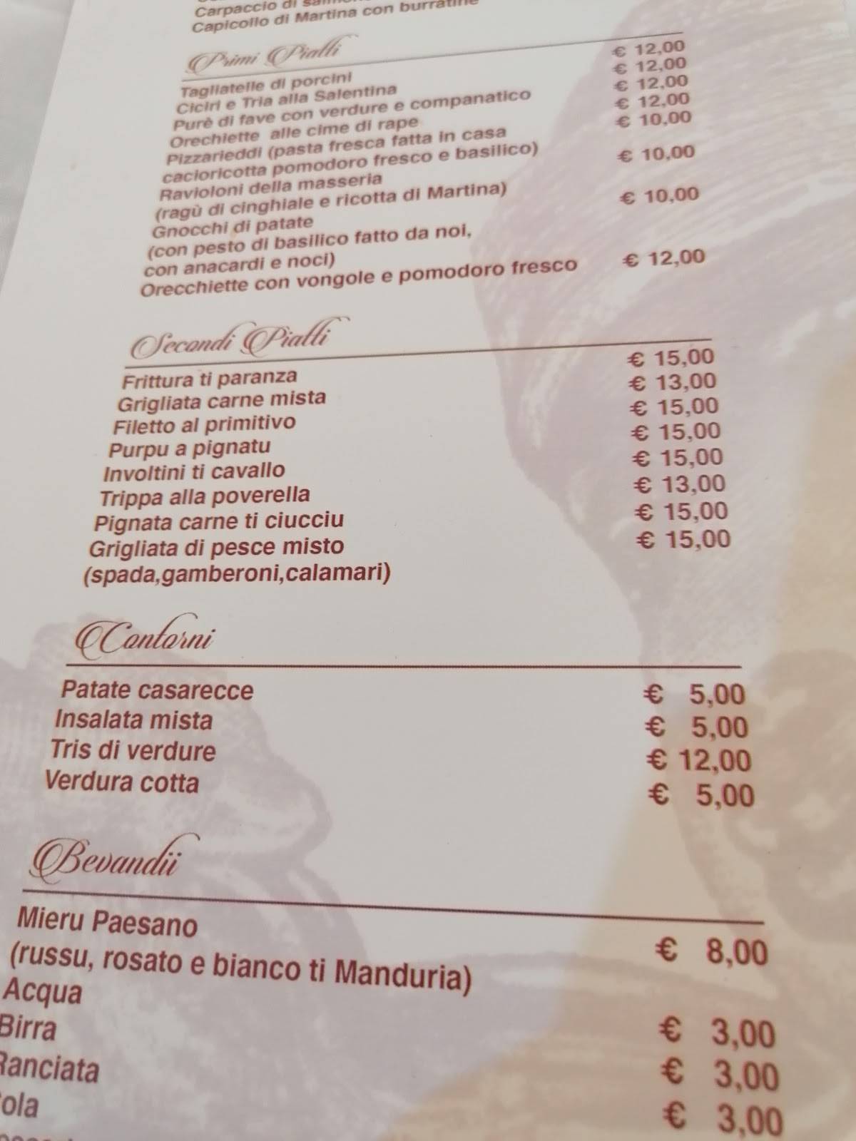 Carta del restaurante La Locanda di AntonVito, Manduria
