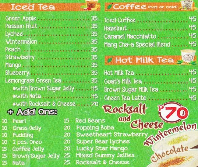 Menu at Mang Cha-a, Quezon City, Congressional Avenue