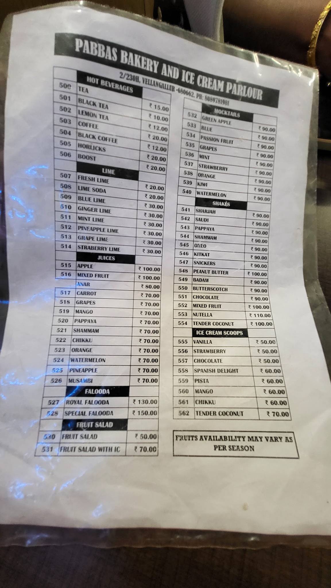 Menu at Mango Bakers Vellangallur, Vadakkumkara