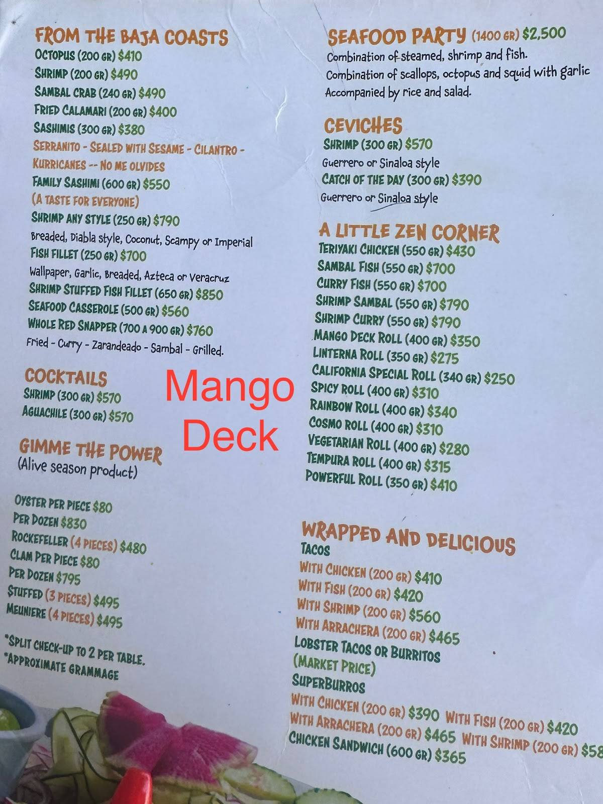 Menu at Mango Deck pub & bar, Cabo San Lucas, Playa El Medano S/N