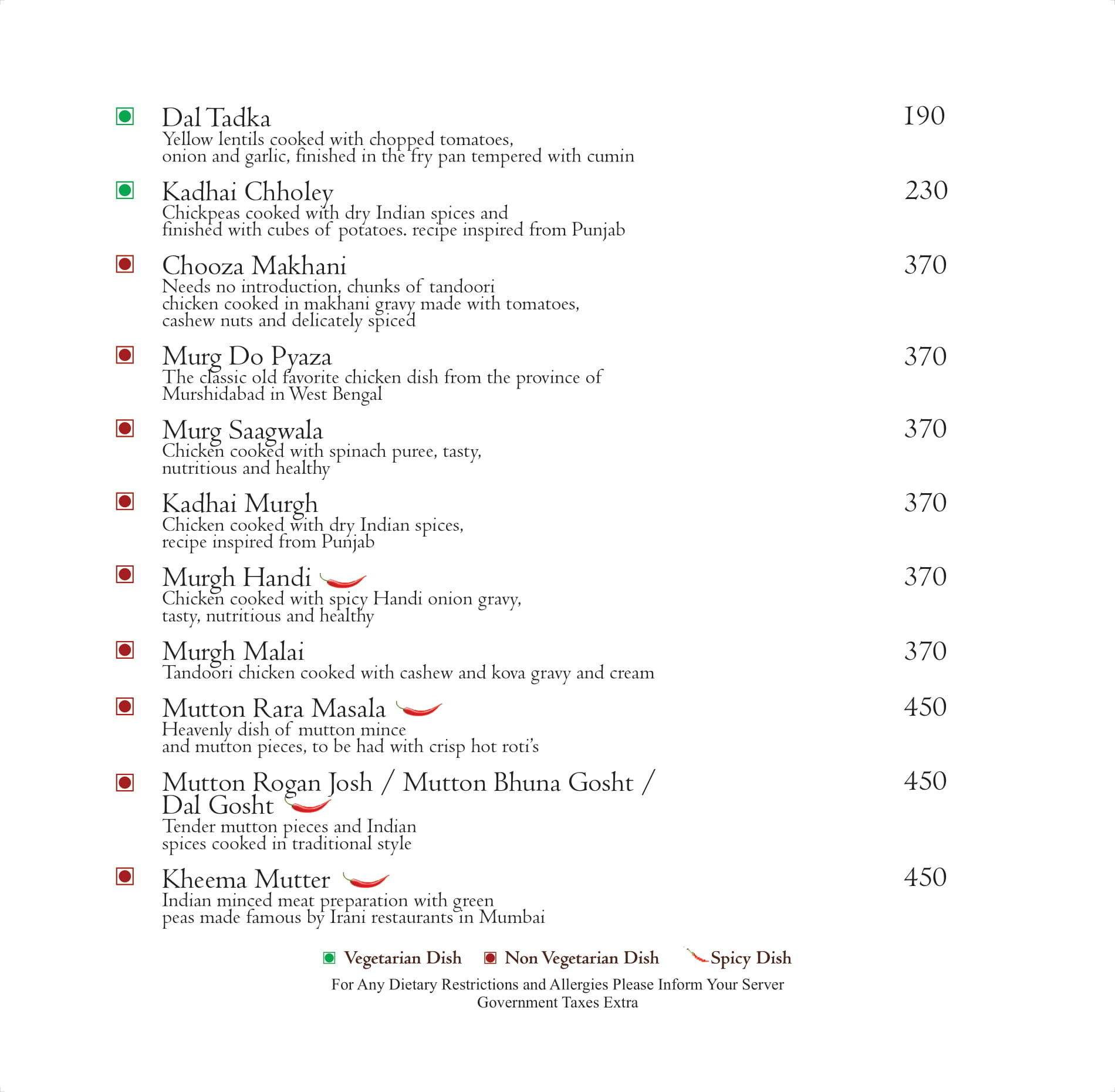 Menu at Mosaic, Manipal