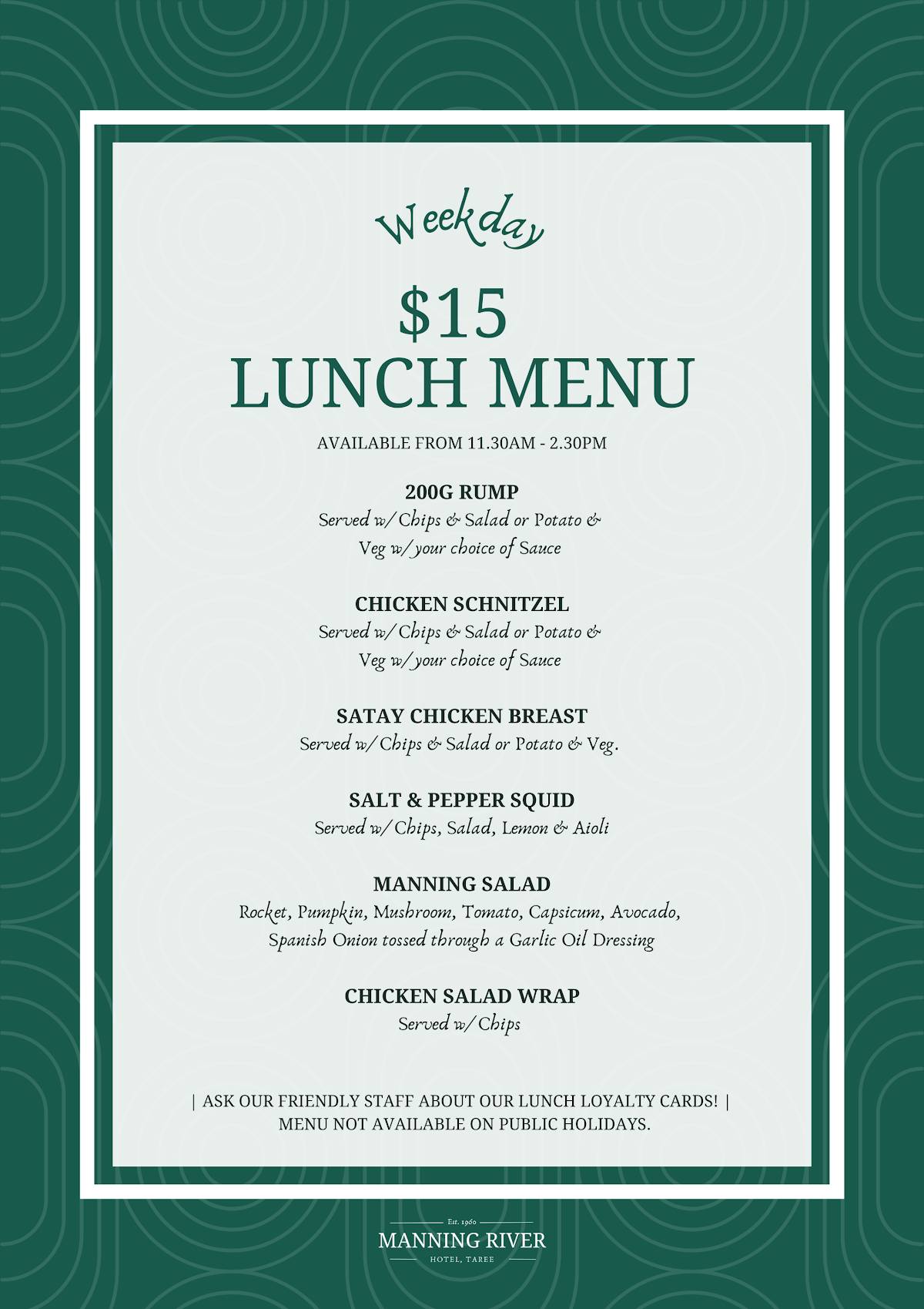 Menu at Manning River Hotel pub & bar, Taree