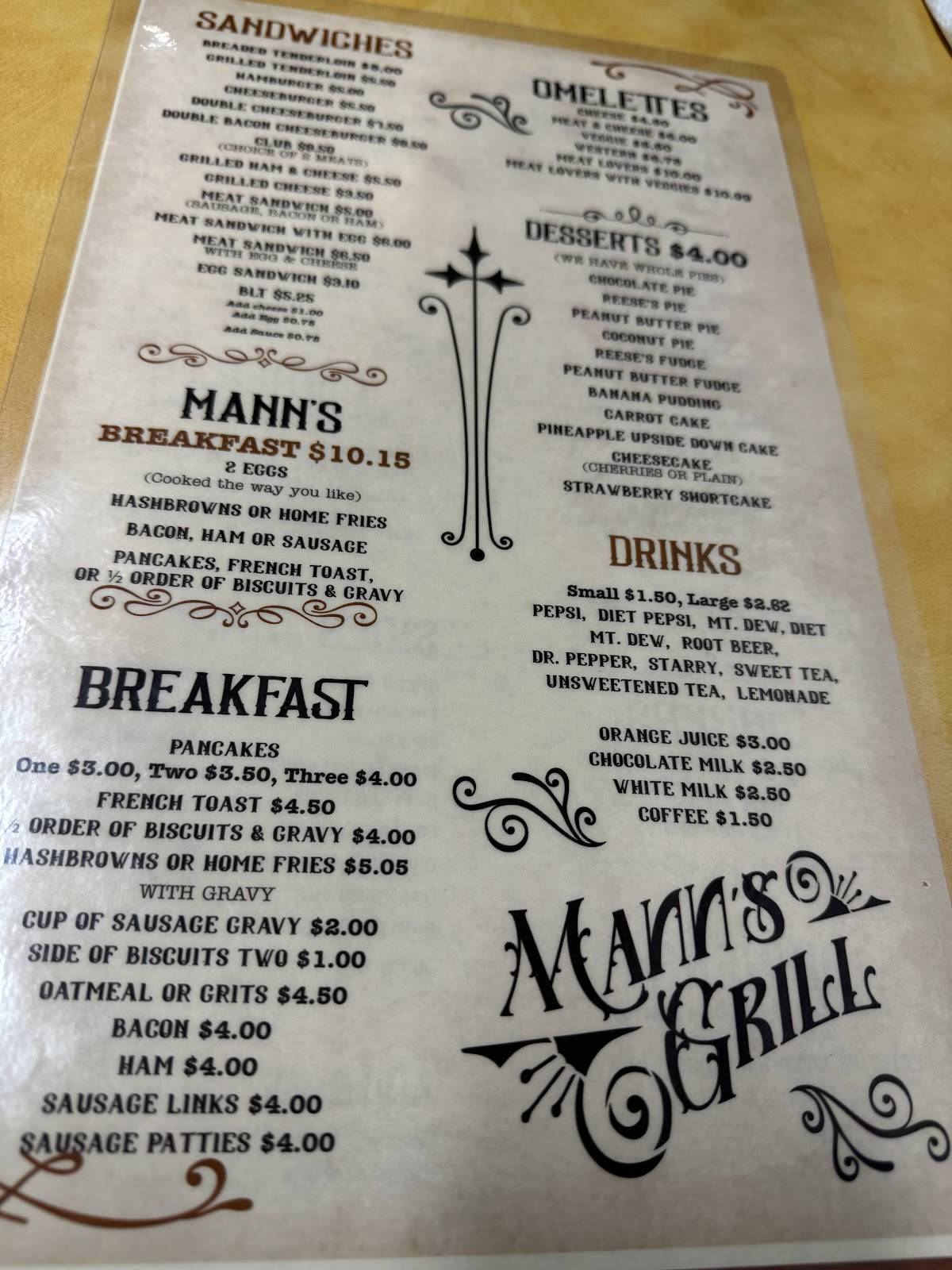 Menu at Mann's Grill restaurant, Indianapolis