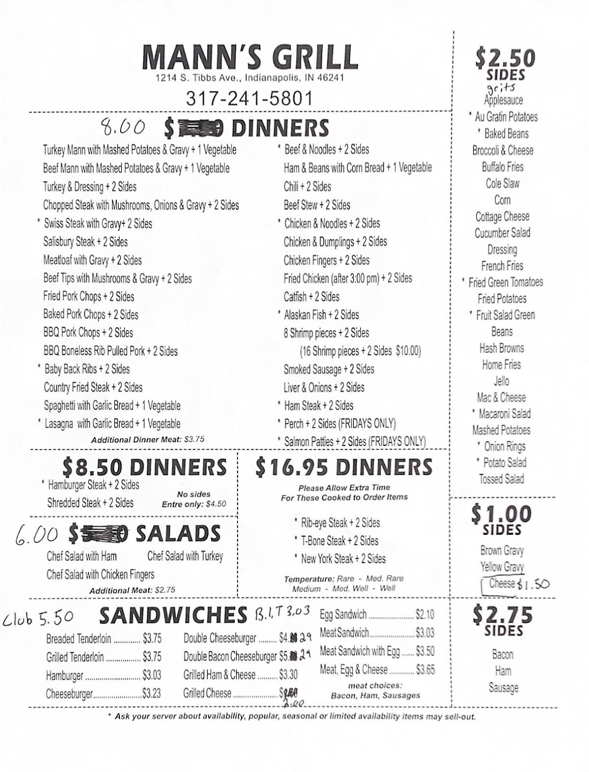 Menu at Mann's Grill restaurant, Indianapolis