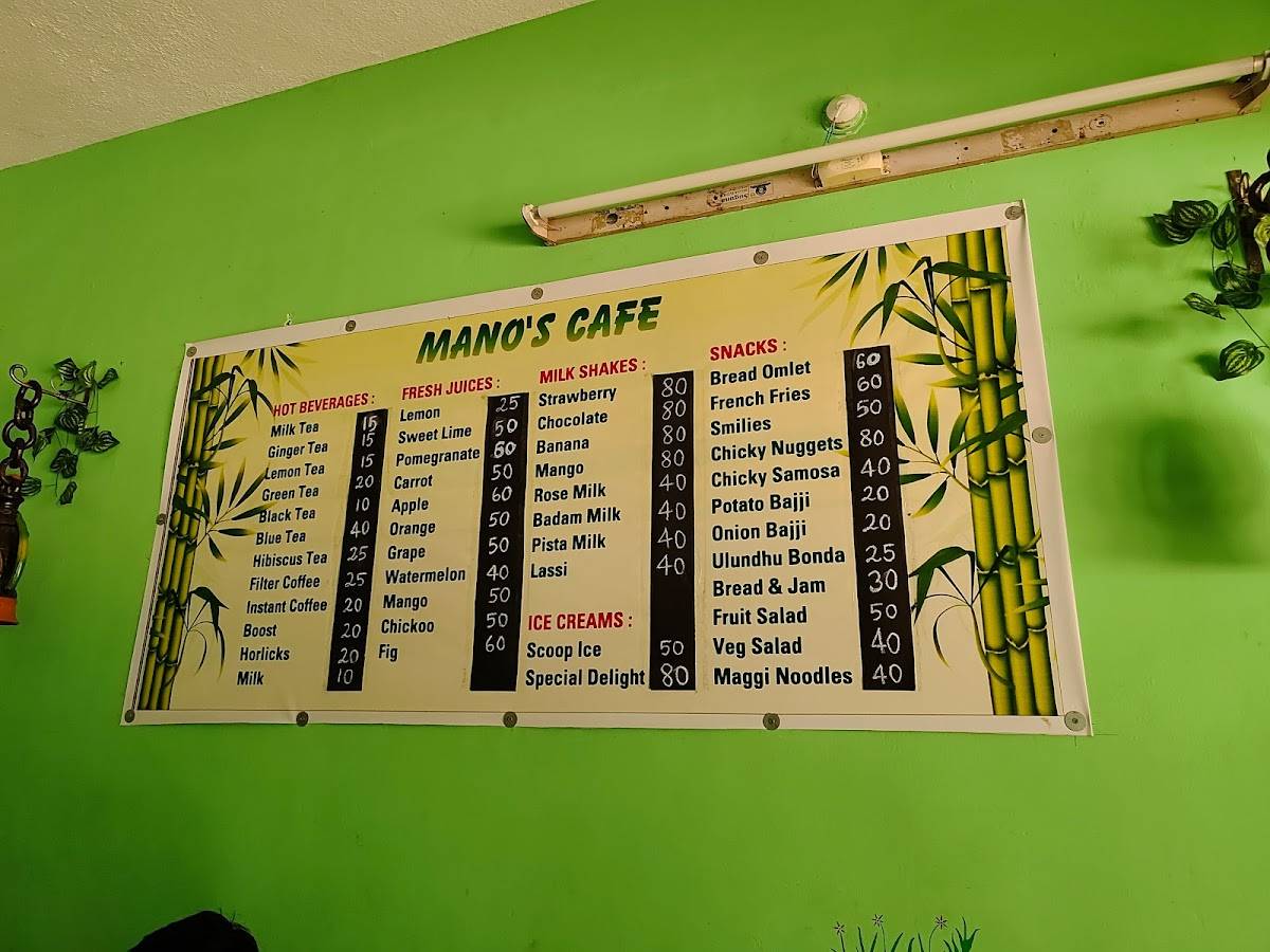 Menu at Mano's cafe, Kuilapalayam