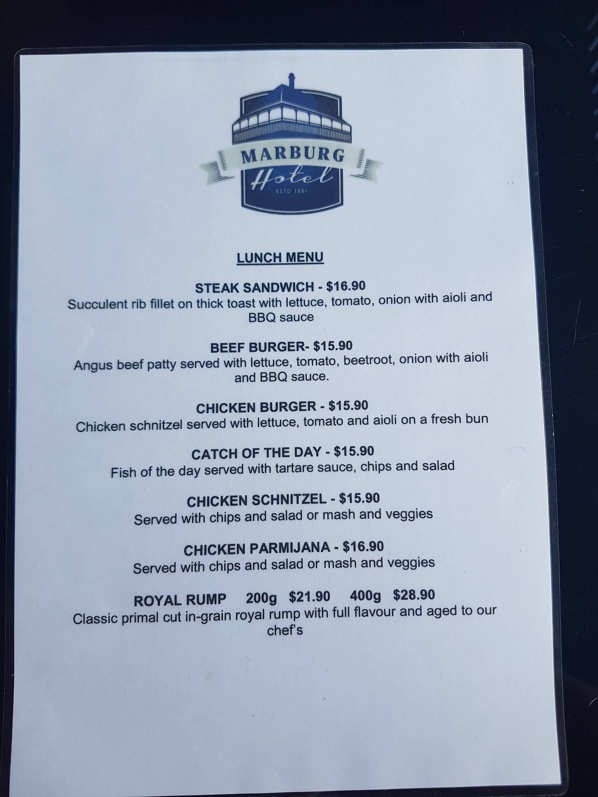 Menu at Marburg Pub, Marburg