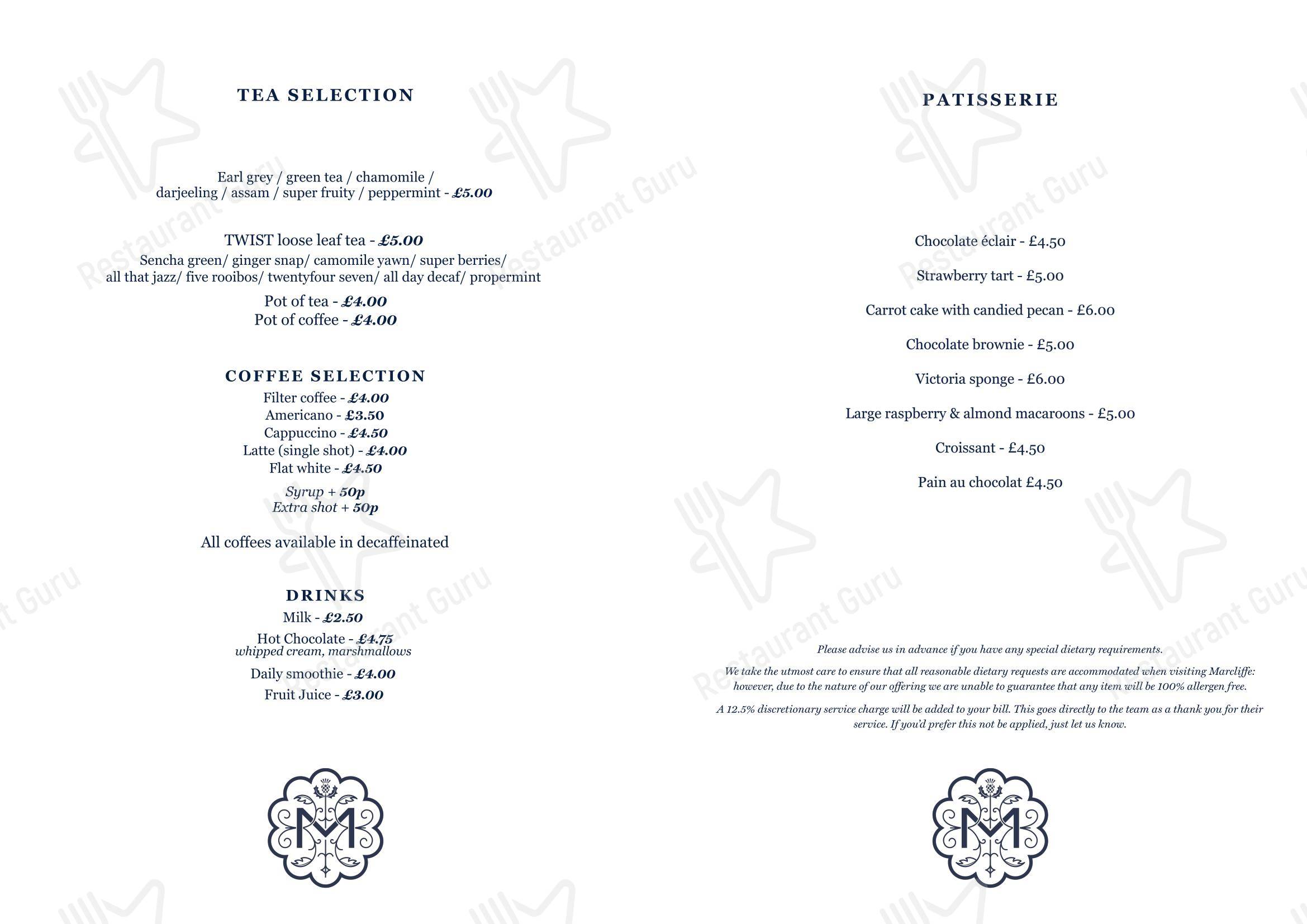 Menu at Marcliffe restaurant, Aberdeen