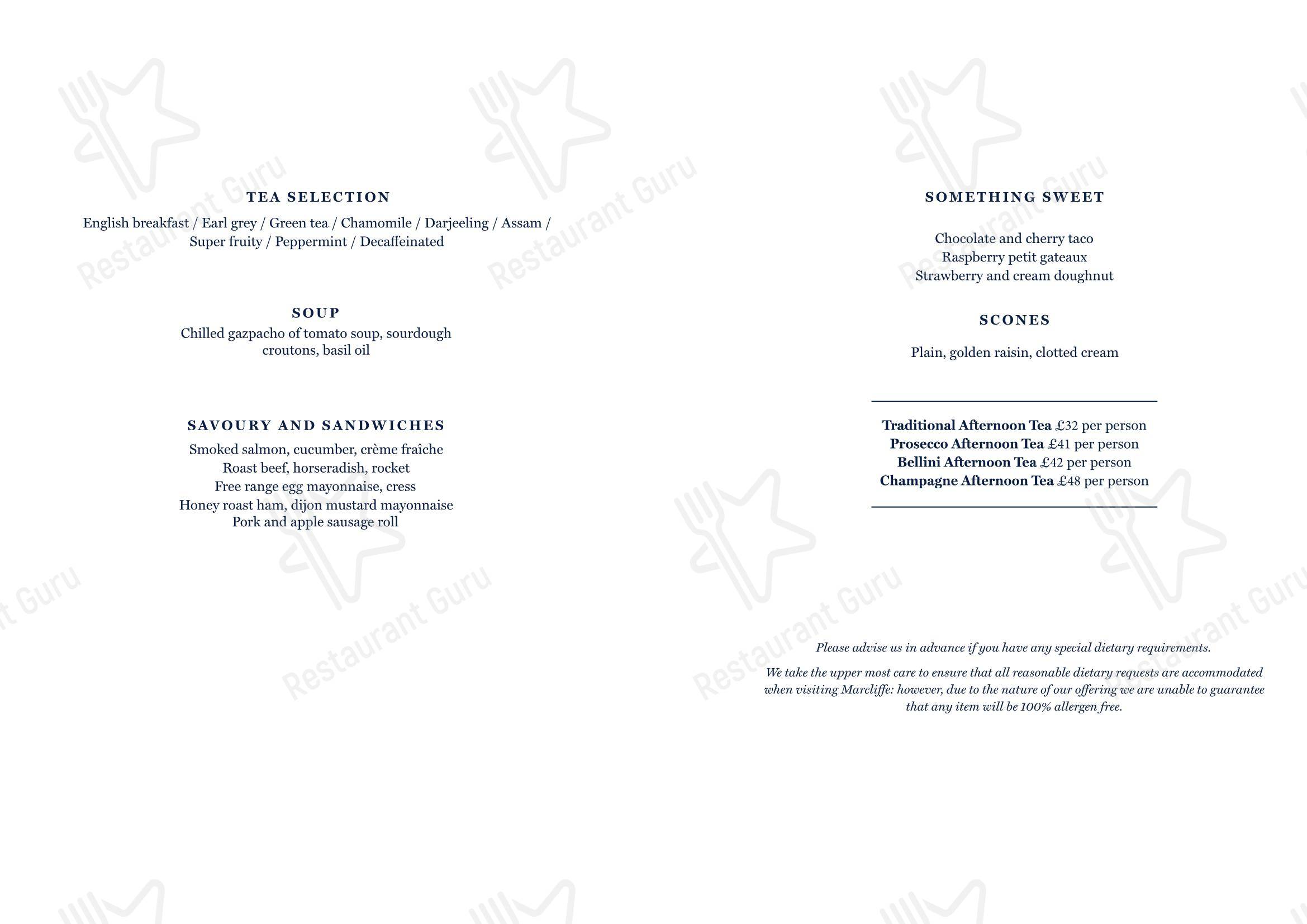 Menu at Marcliffe restaurant, Aberdeen