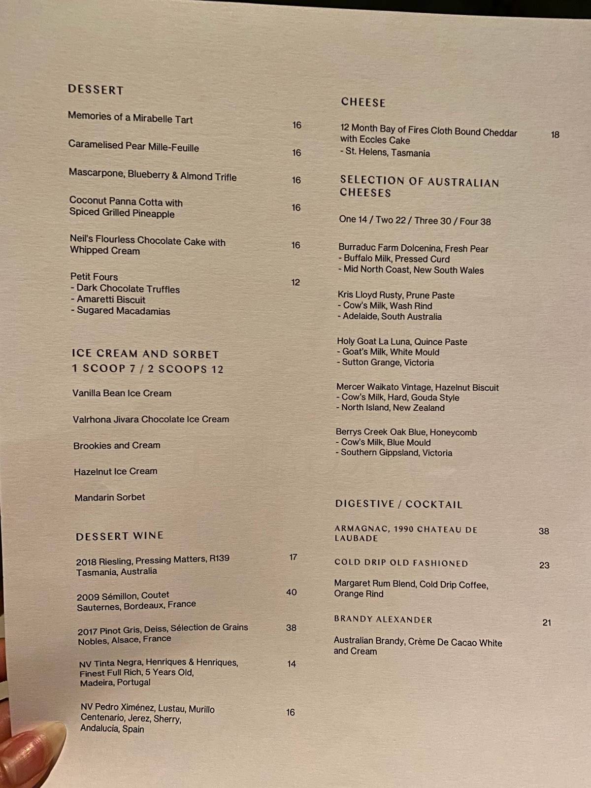 Menu at Margaret restaurant, Double Bay