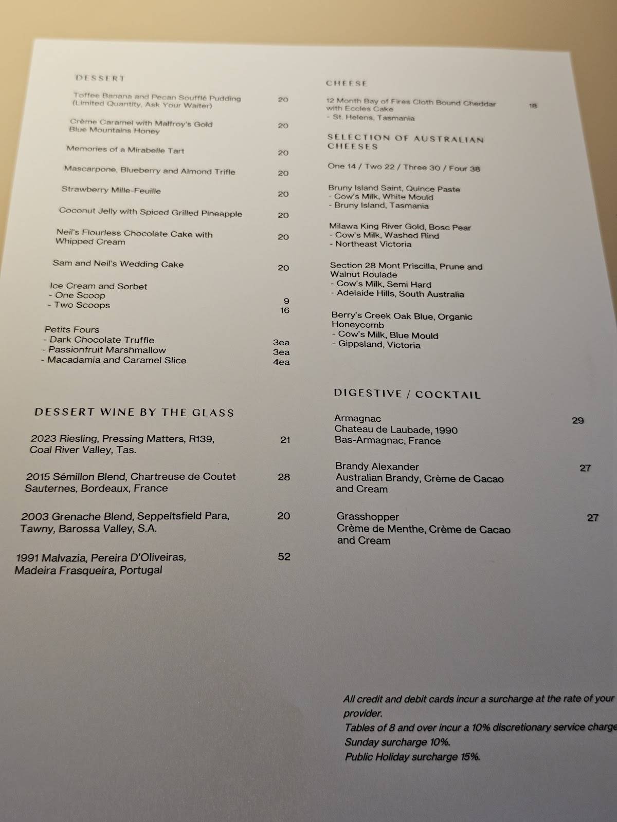 Menu at Margaret restaurant, Double Bay