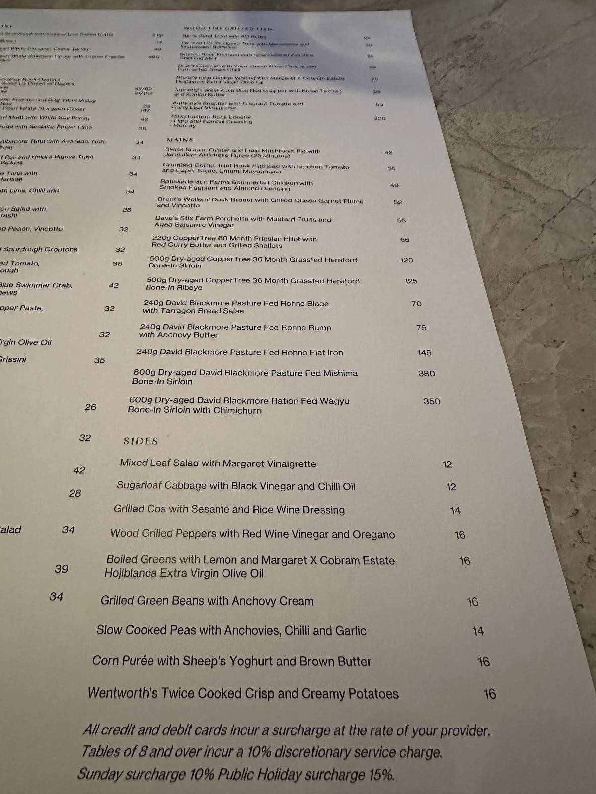 Menu at Margaret steakhouse, Double Bay