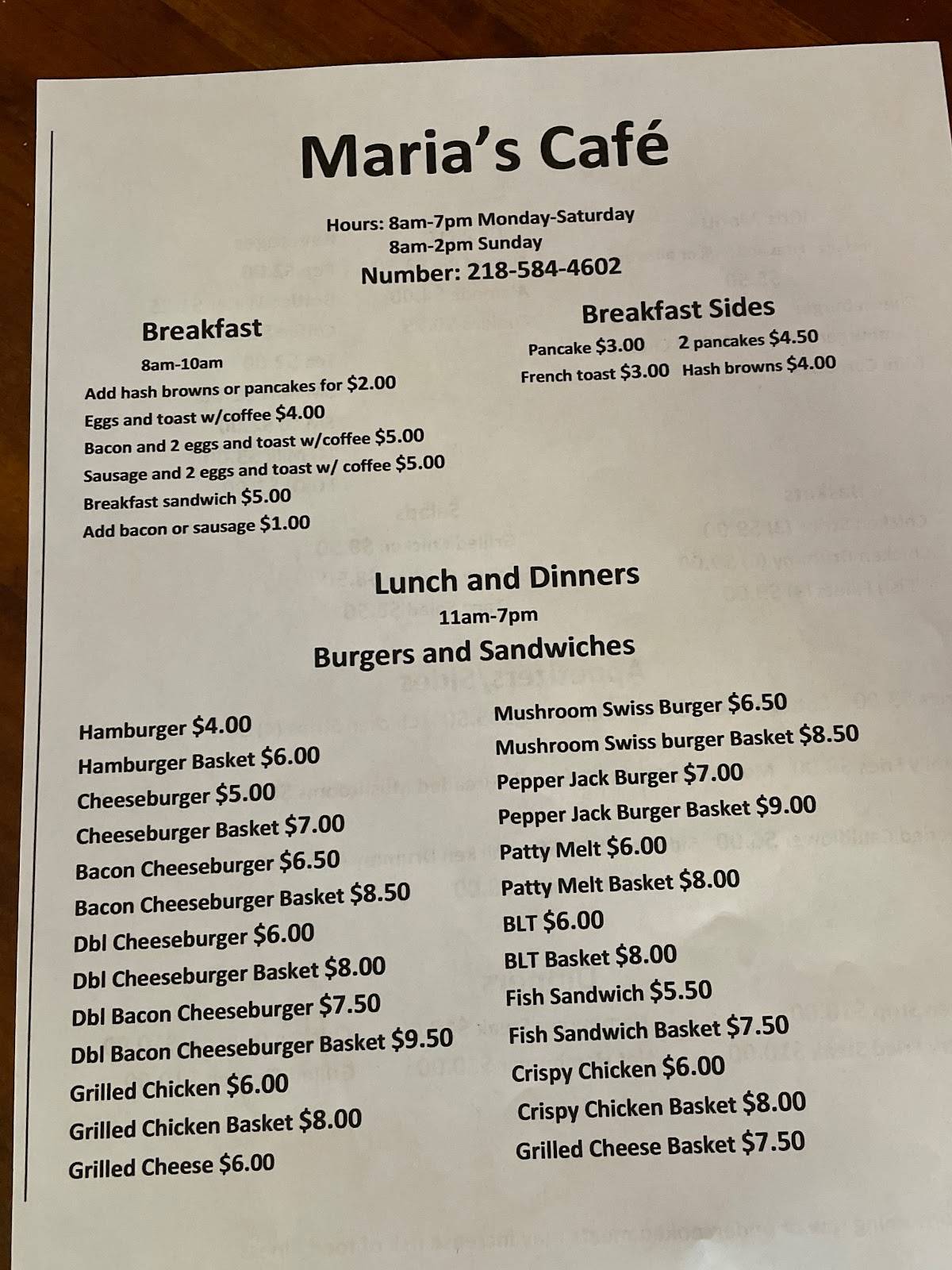 Menu at Maria’s Cafe, Twin Valley