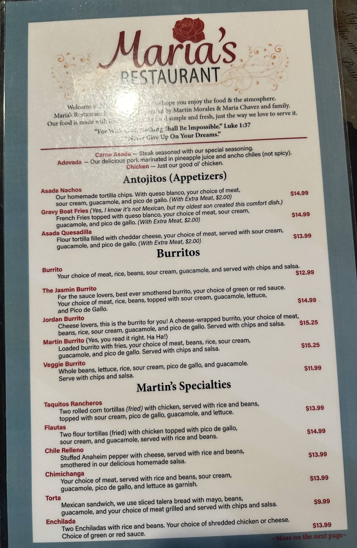 Menu at Maria's restaurant, Hamilton
