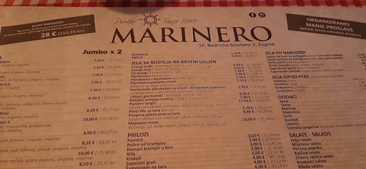 Menu at Marinero restaurant, Zagreb, Ul. Bedricha Smetane 2