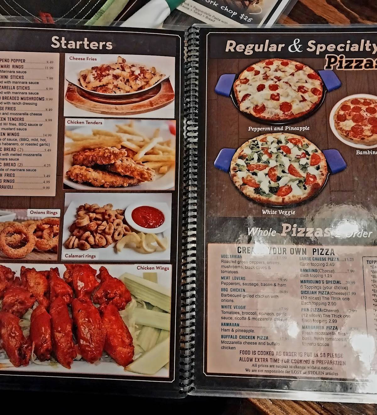 Menu at Mariolino's Hayesville NC restaurant, Hayesville