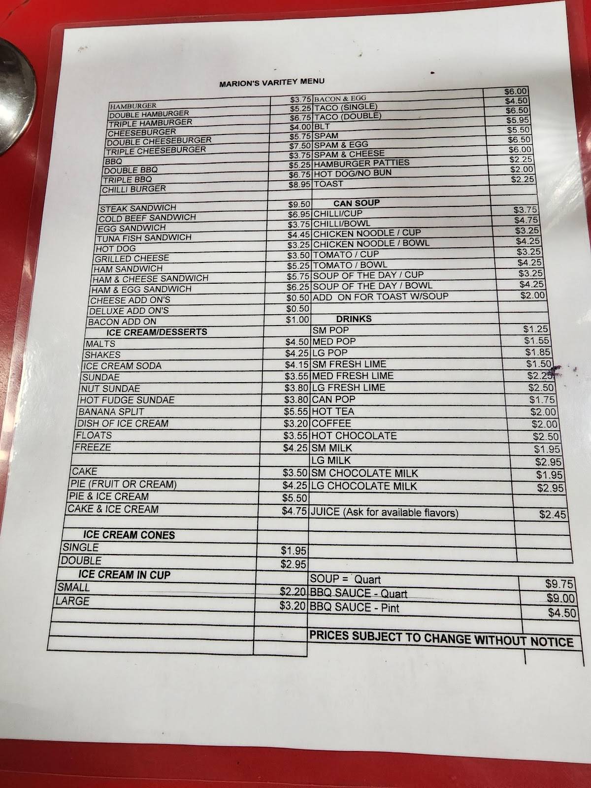 Menu at Marion's Variety desserts, Roosevelt