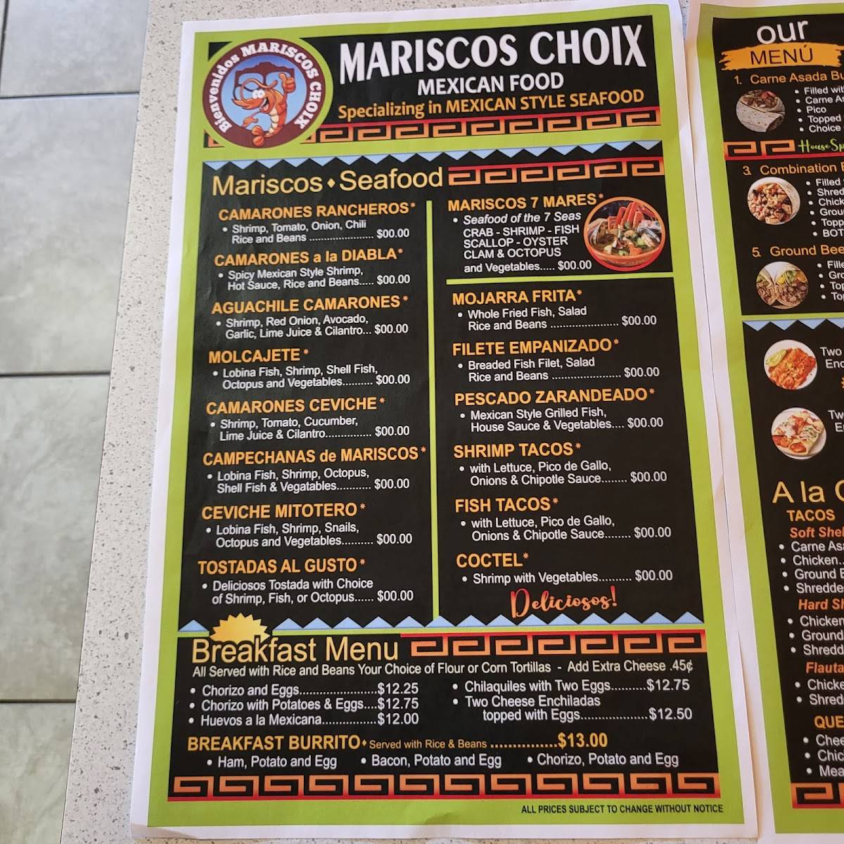 Menu at Mariscos Choix and Mexican food restaurant, Chino Valley, 316 W ...