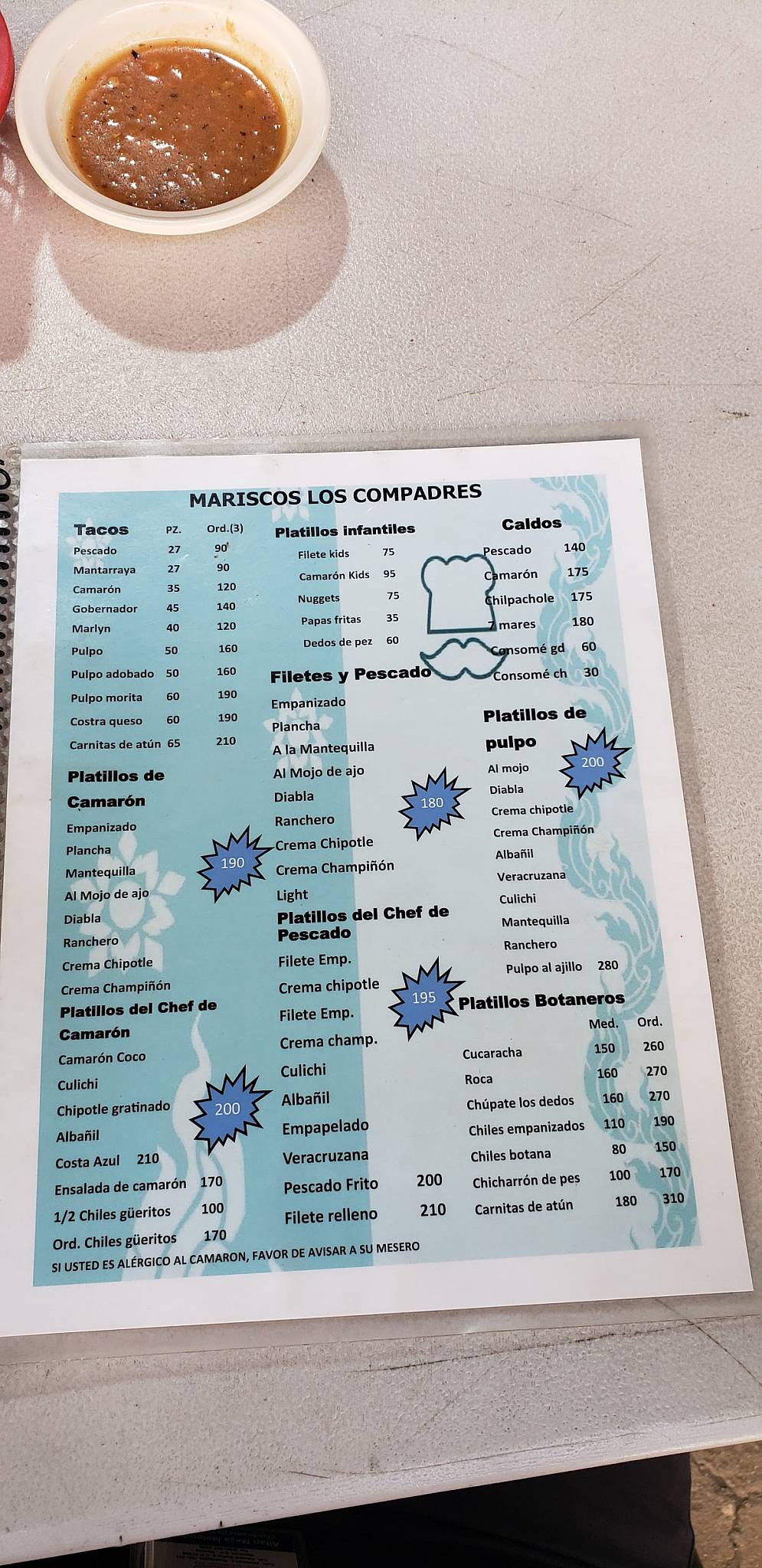Menu at Mariscos Los Compadres restaurant, Mexicali, Av Pdte Gómez ...