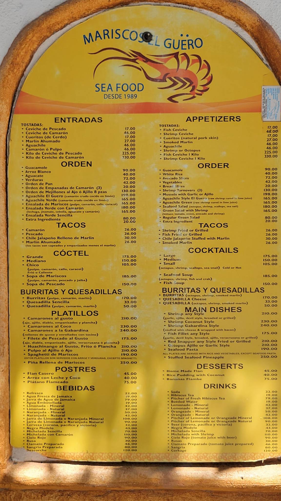 Menu at Mariscos el Guero restaurant, Puerto Vallarta, C. Fco. I ...