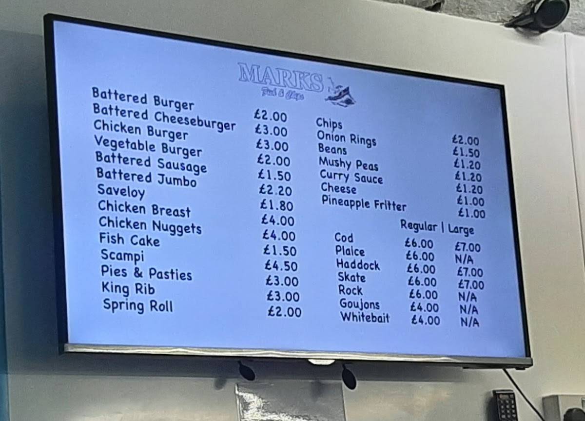 Menu at Marks Fish Shop fast food, Southwold