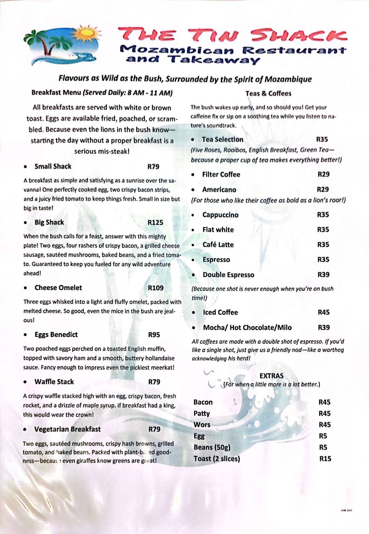 Menu at Tin Shack Restaurant, Marloth Park