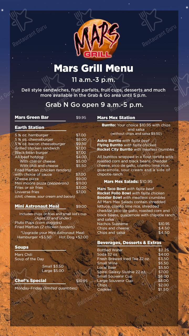 Menu at Mars Grill cafeteria, Huntsville