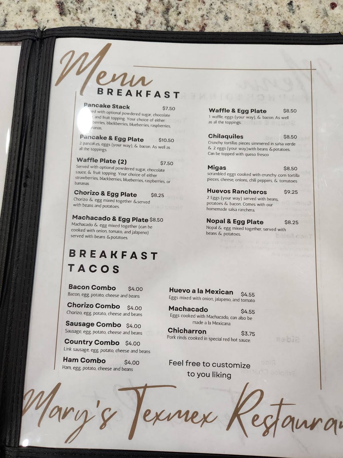 Menu at Mary's TexMex Restaurant, Shiner