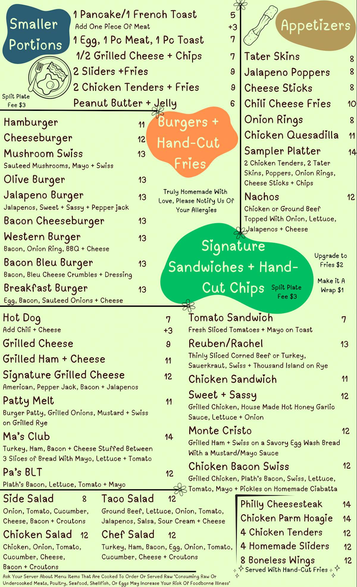 Menu at Ma’s Diner restaurant, Onaway