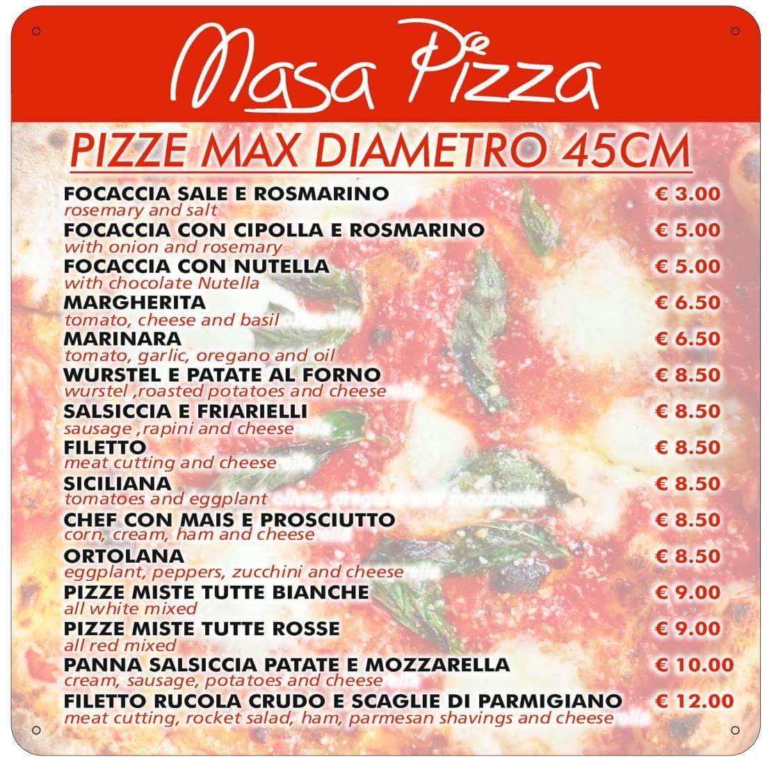 Menu at Masa Pizza pizzeria, Naples, Via Diocleziano