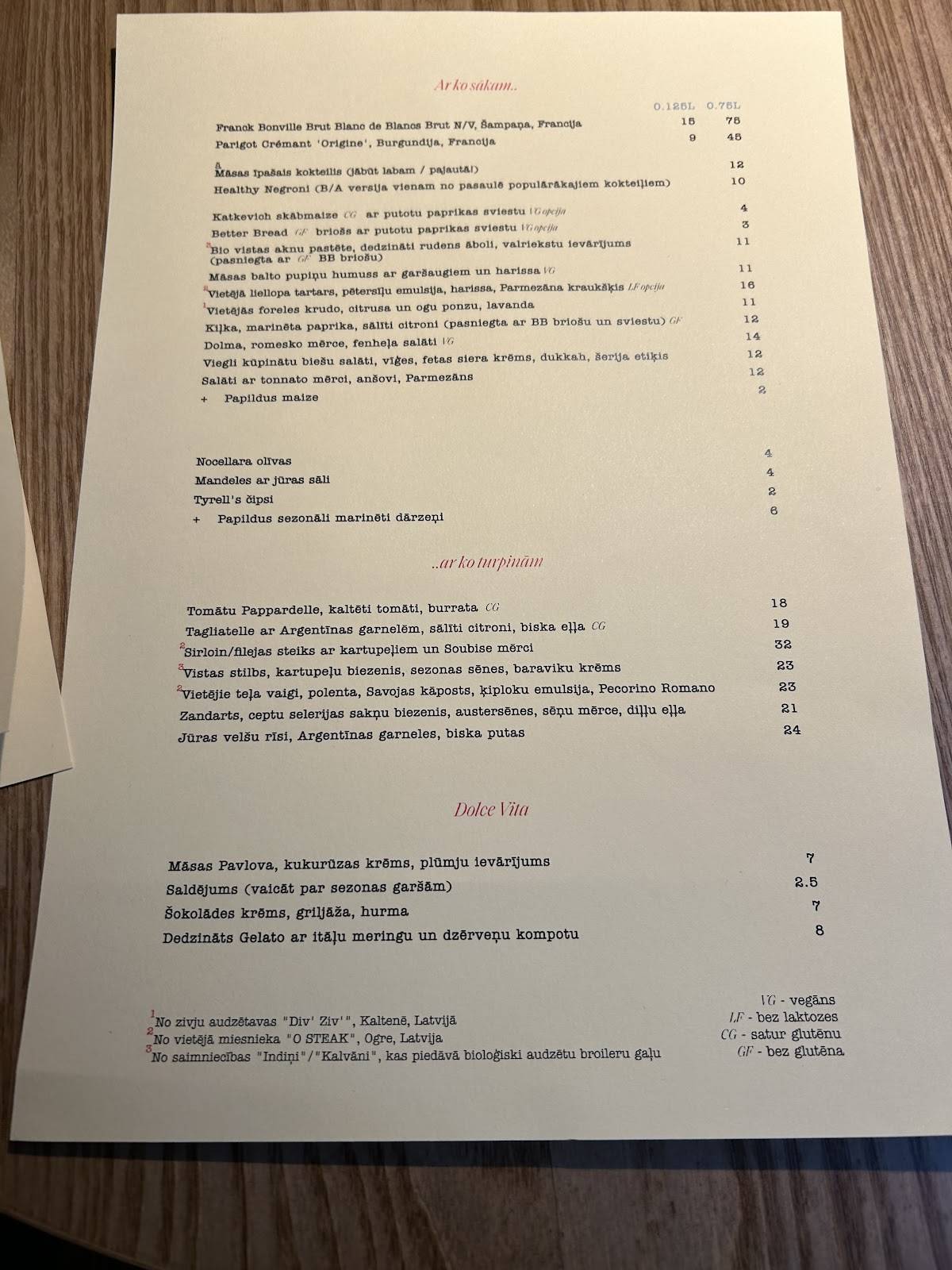 Menu at Māsa restaurant, Riga