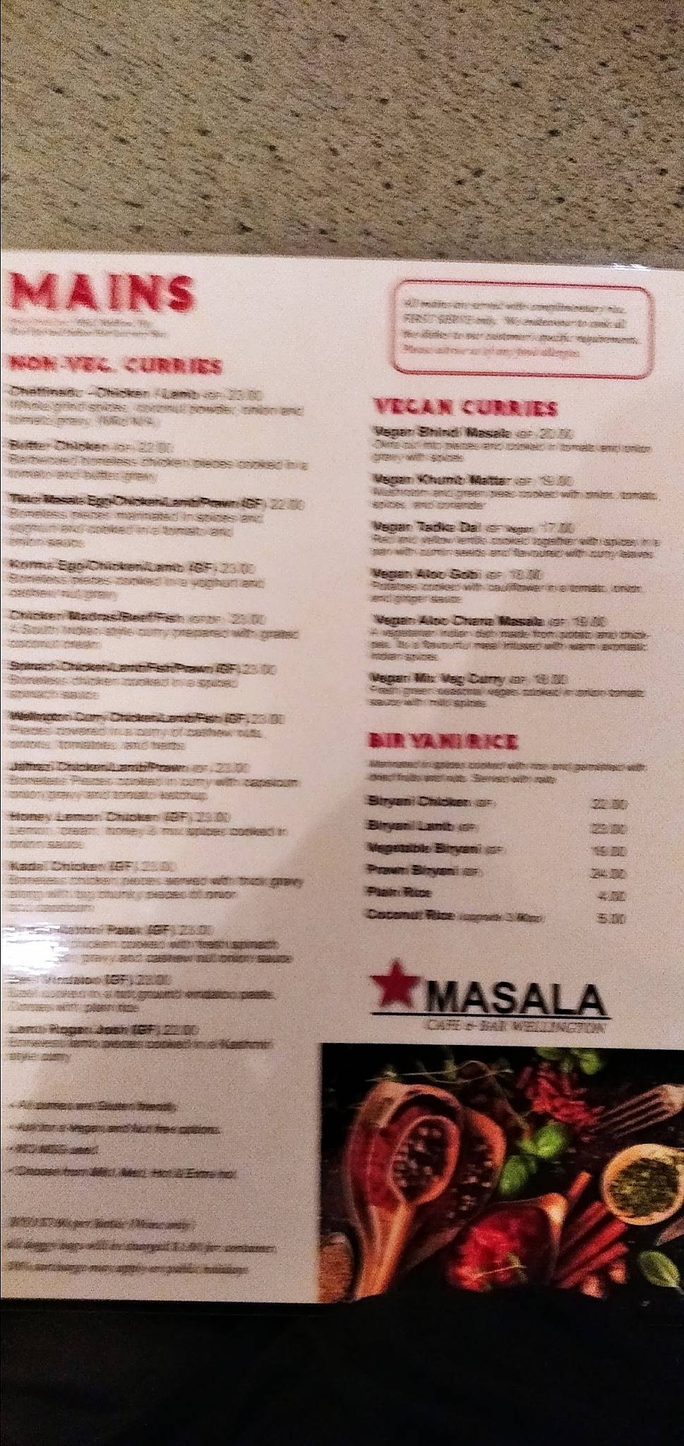 Menu at Masala Cafe & Bar, Wellington