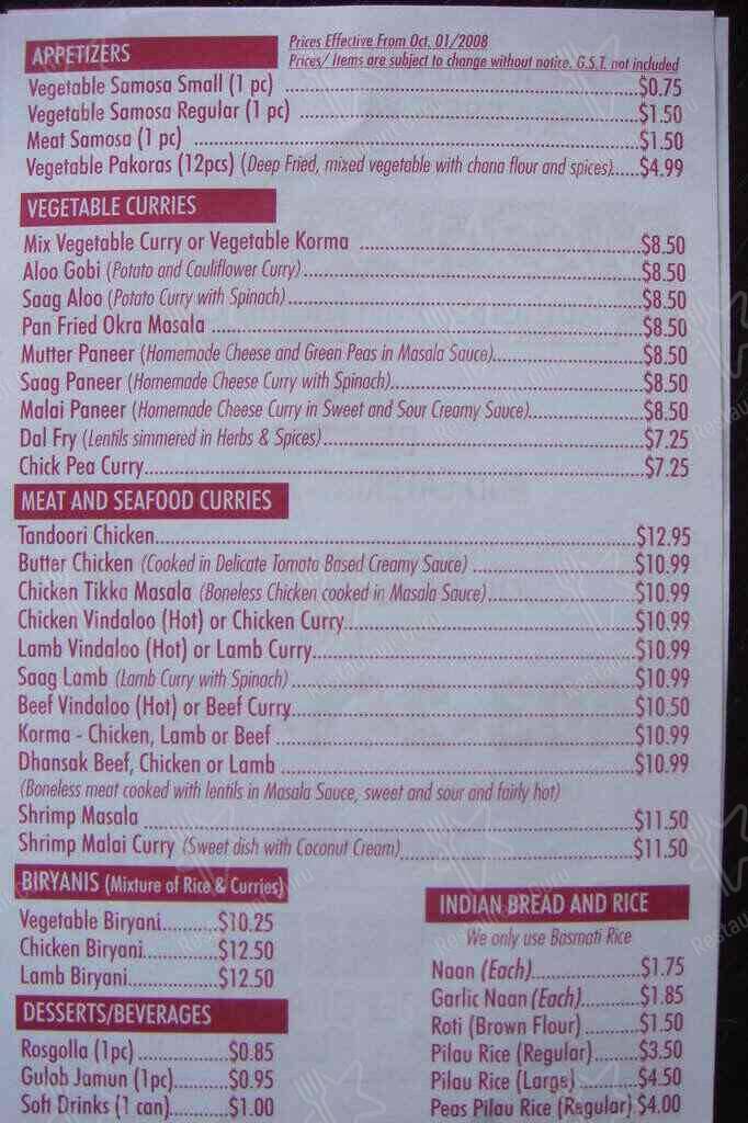 Menu at Masala Express restaurant, Calgary