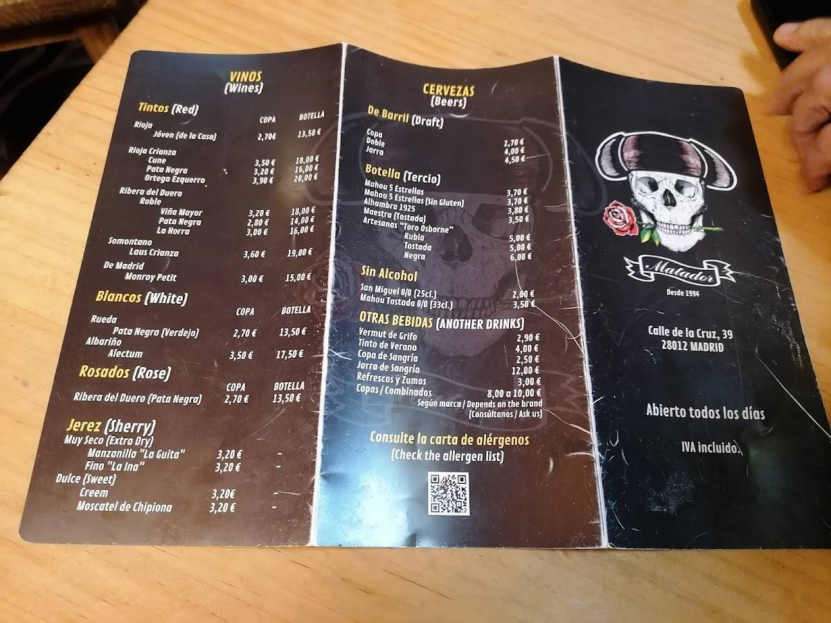 Menu at Matador pub & bar, Madrid, C. de la Cruz