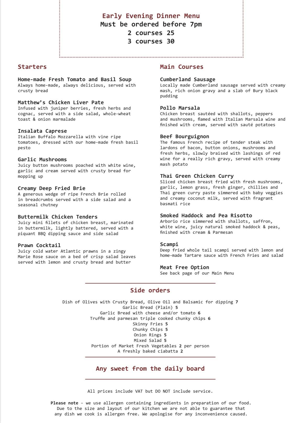 Menu at Matthew's Bistro restaurant, Ambleside