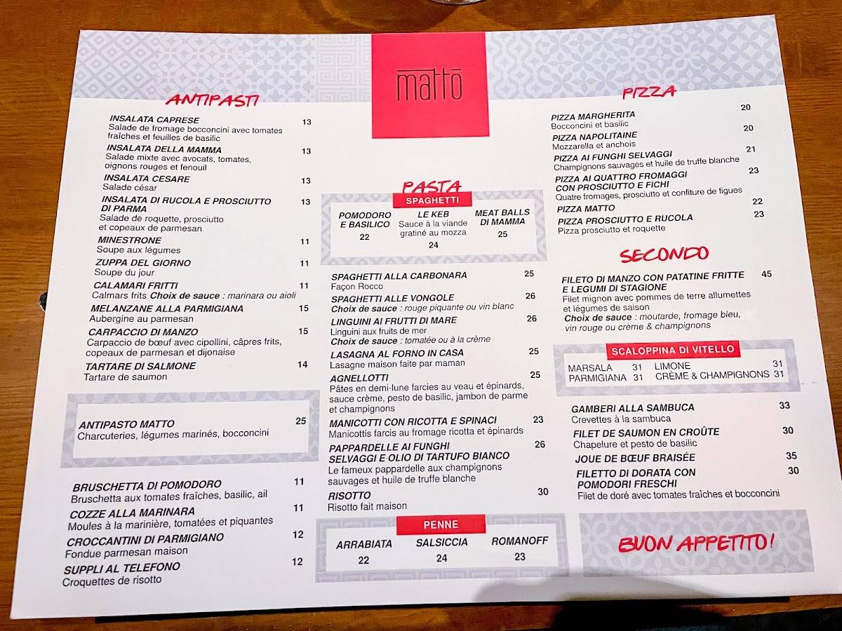 Menu au Matto Lévis restaurant, Levis