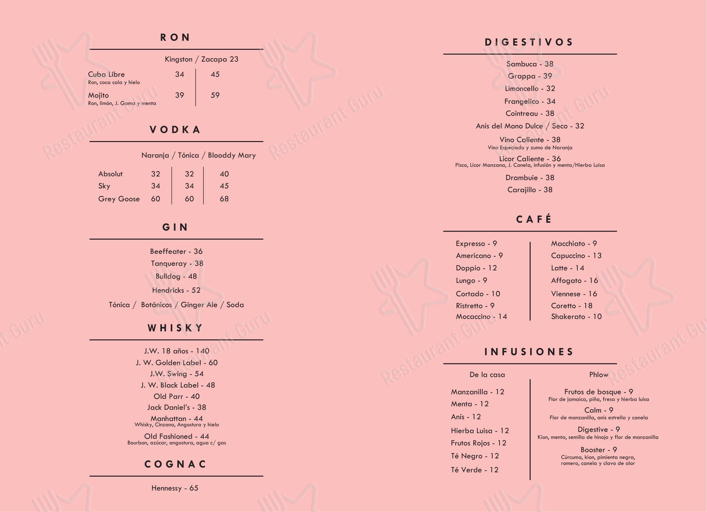Carta del restaurante Mattoni, Miraflores