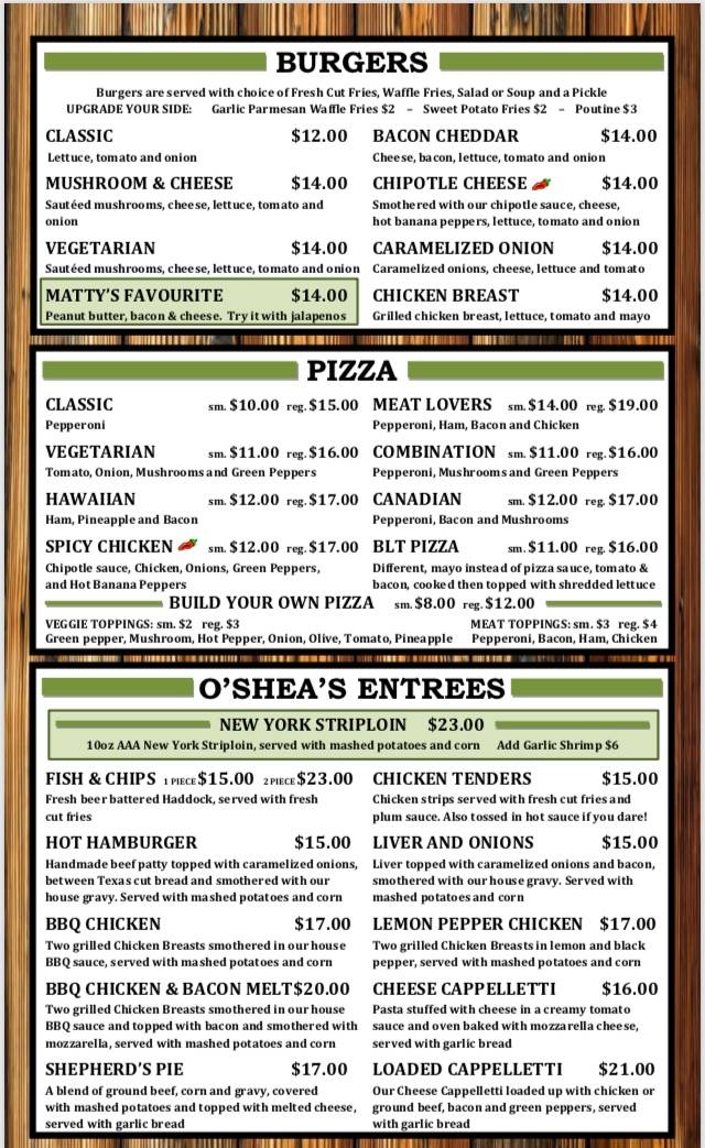 Menu at Matty O'Shea's Pub, Smiths Falls