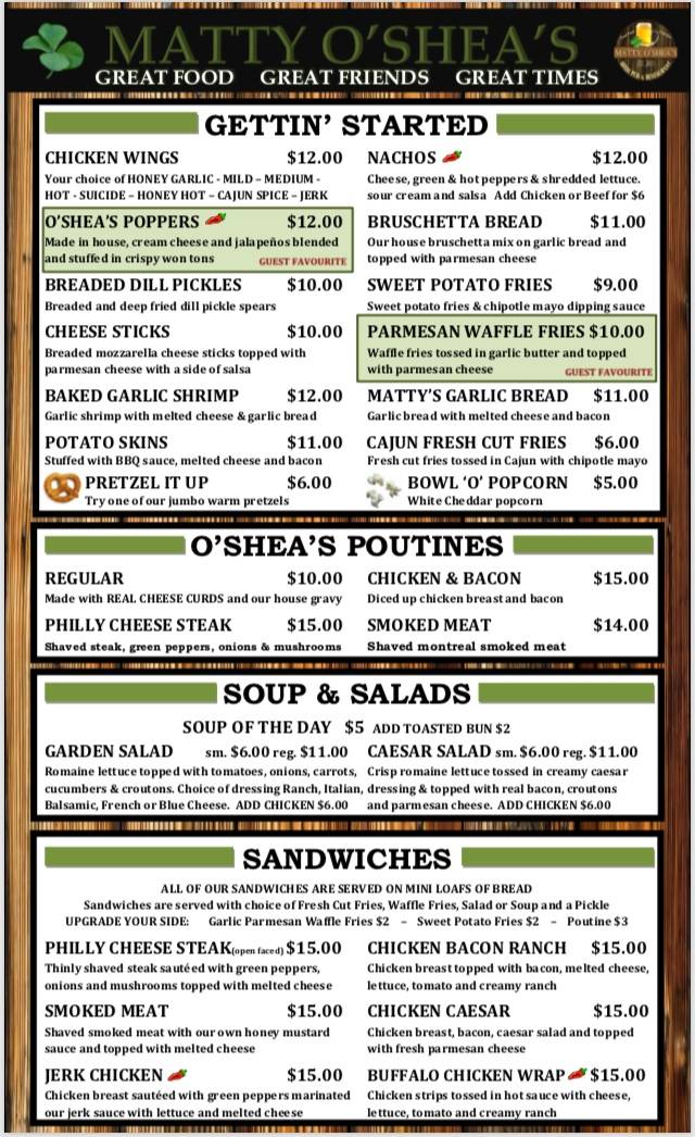 Menu at Matty O'Shea's Pub, Smiths Falls