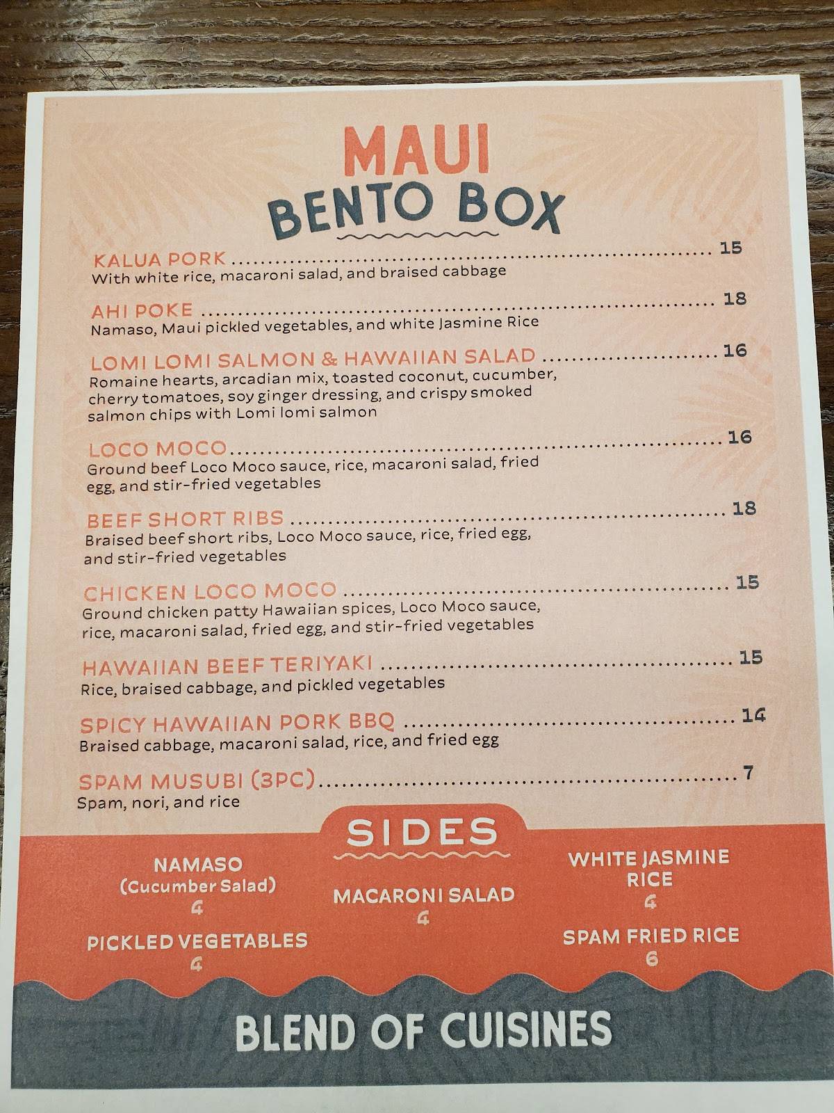 Menu at Maui Bowls restaurant, Houston