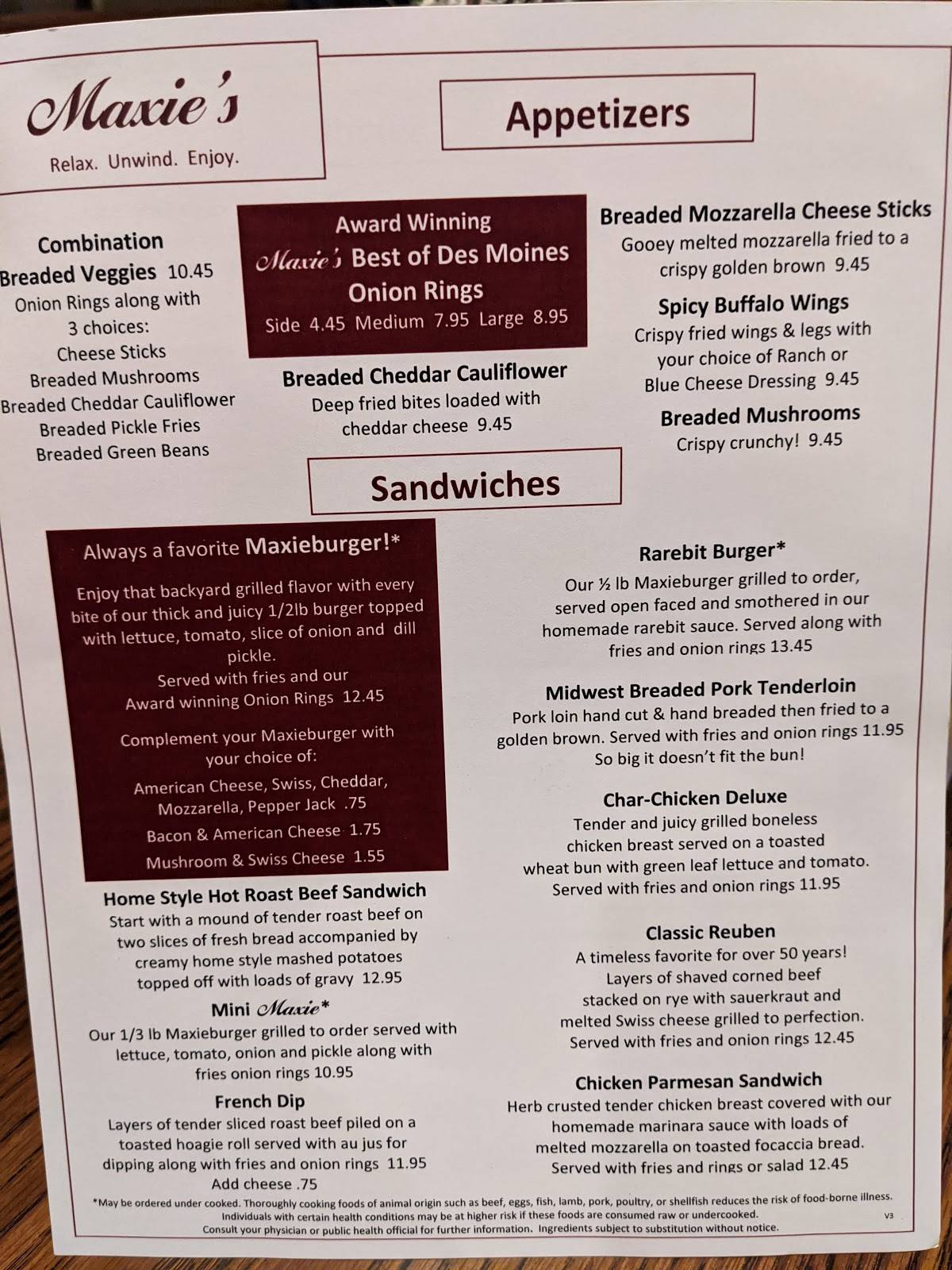 Menu at Maxie's Supper Club, West Des Moines