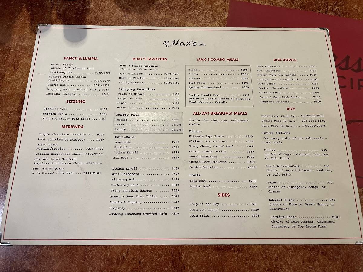 Menu at Max's Restaurant, Manila, CCP Complex