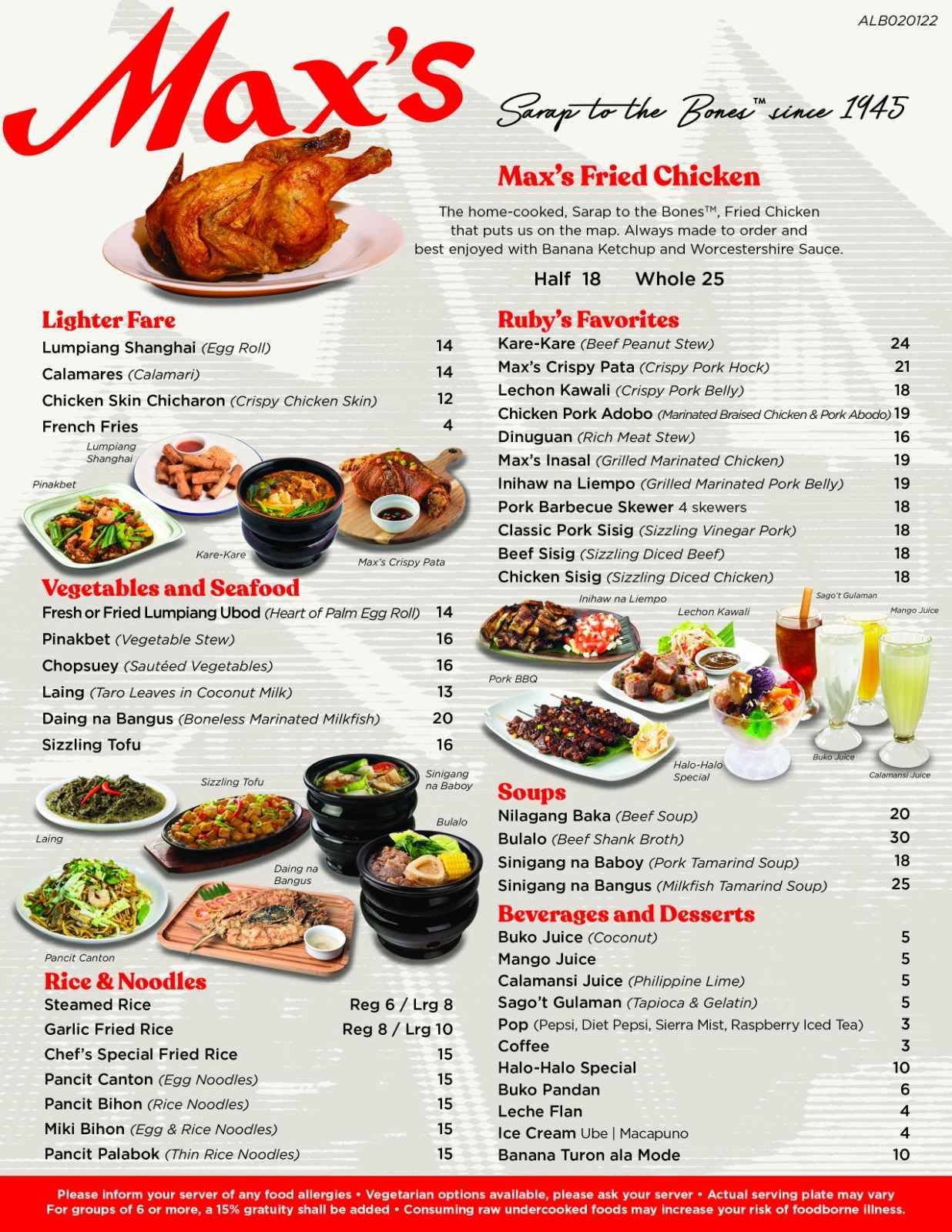 Carta de Max's Restaurant Edmonton, Cuisine of the Philippines, Edmonton