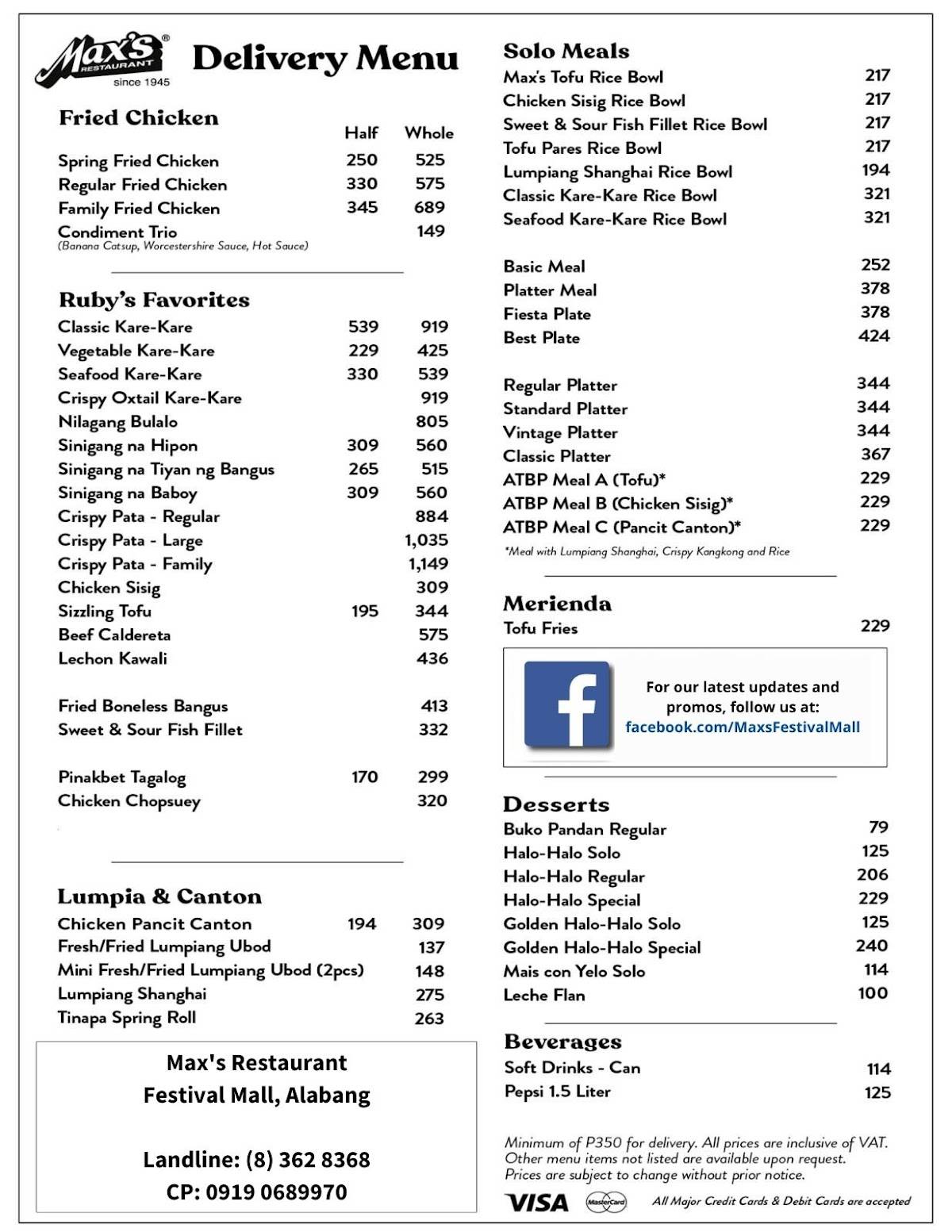 Menu at Max's Restaurant - Festival Mall, Muntinlupa