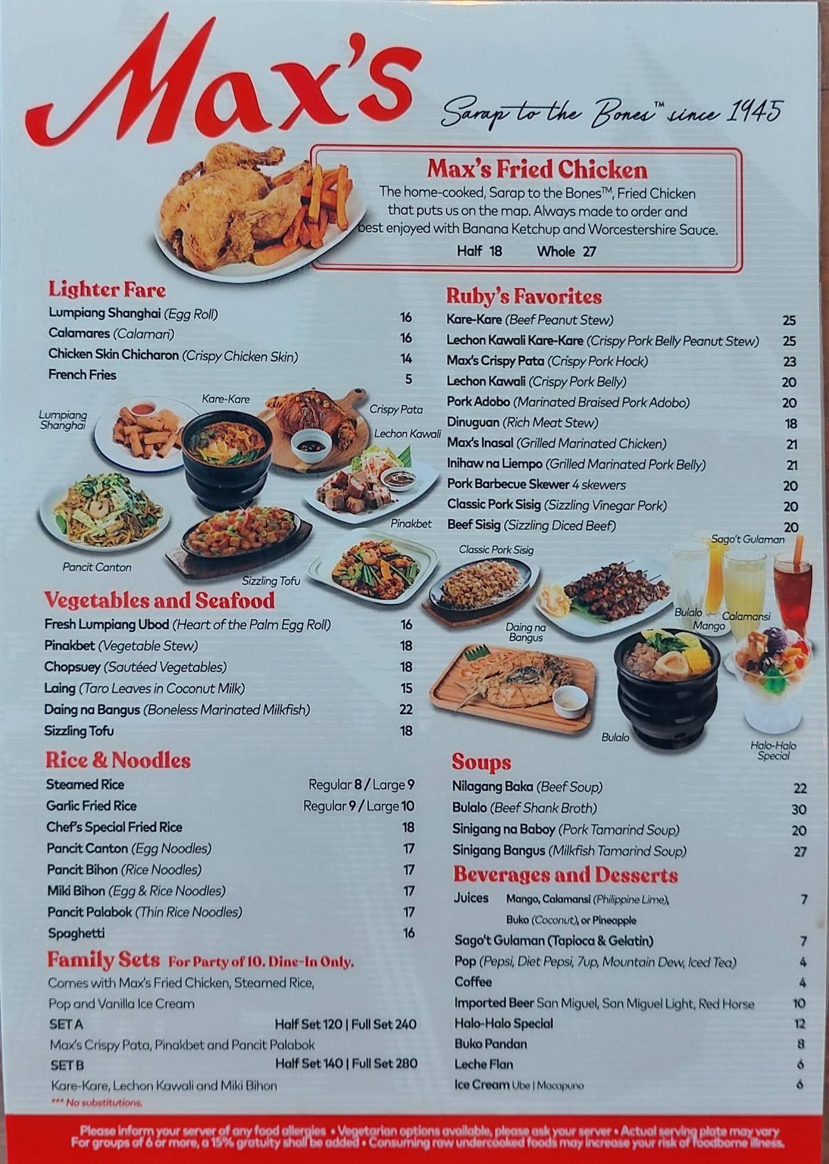 Carta de Max's Restaurant, Edmonton