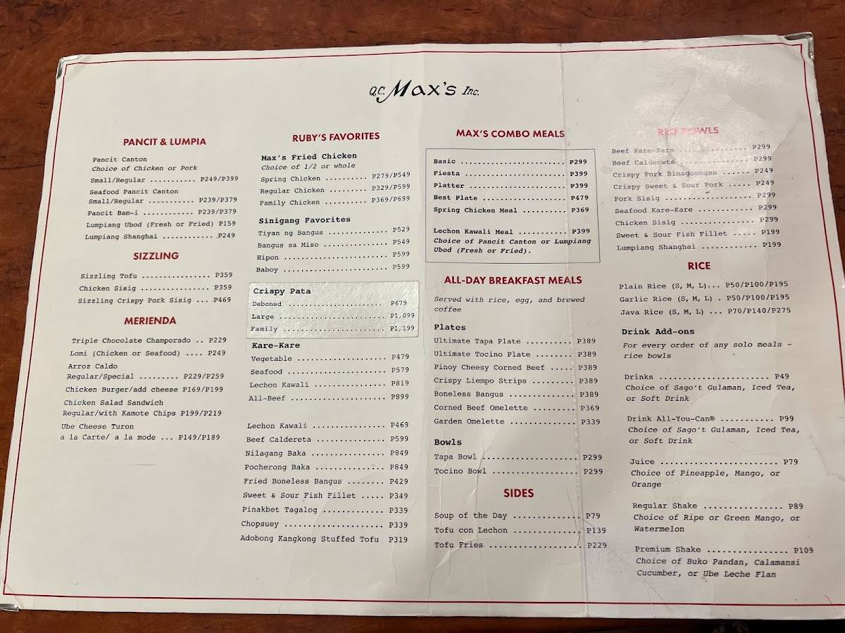 Menu at Max's Restaurant, Mandaluyong, 3rd floor Bldg A.Sm Mega Mall ...