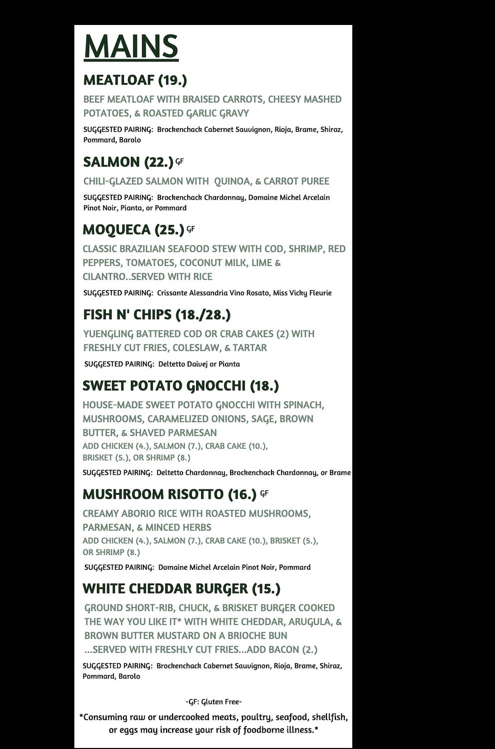 Menu at Mayfield restaurant, Hollidaysburg