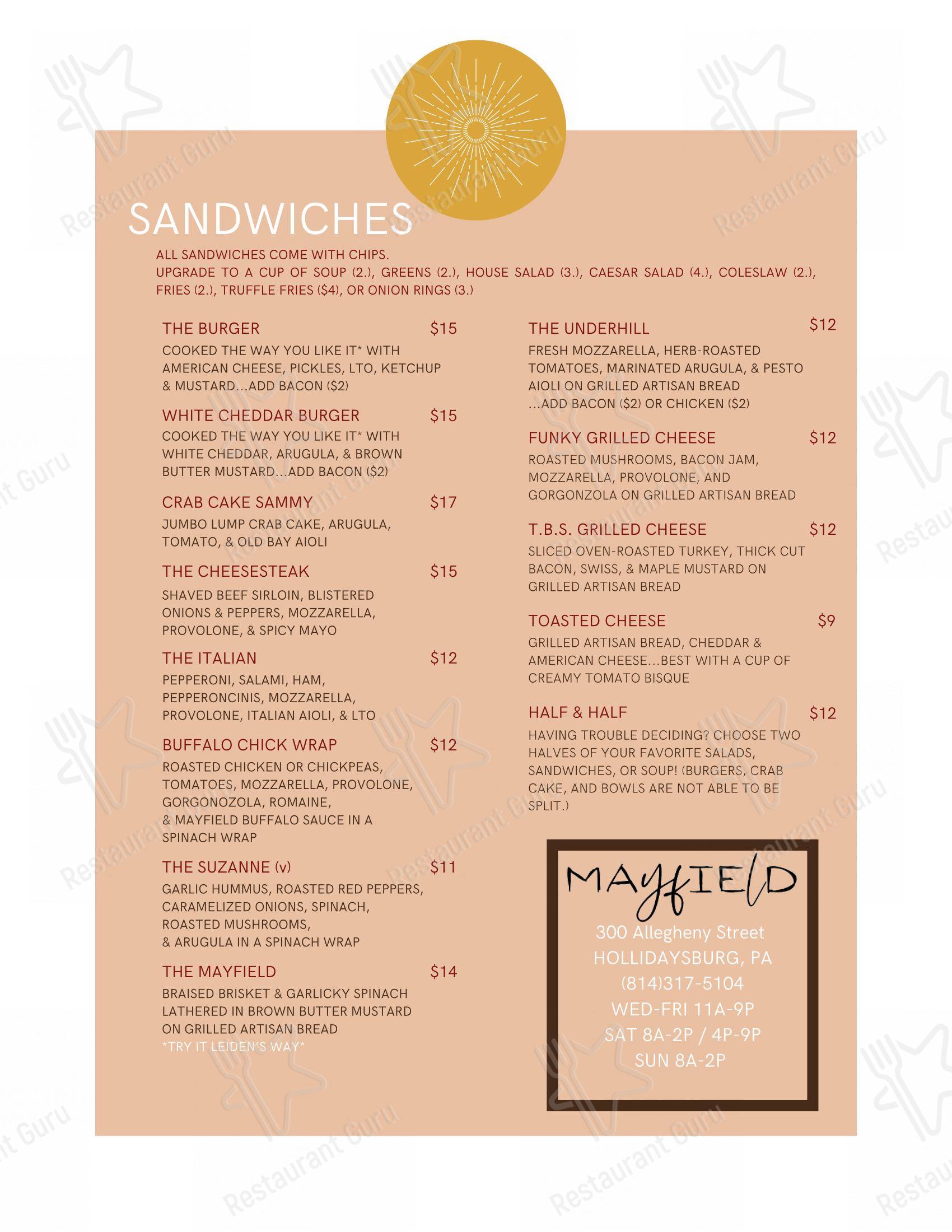 Menu at Mayfield pub & bar, Hollidaysburg
