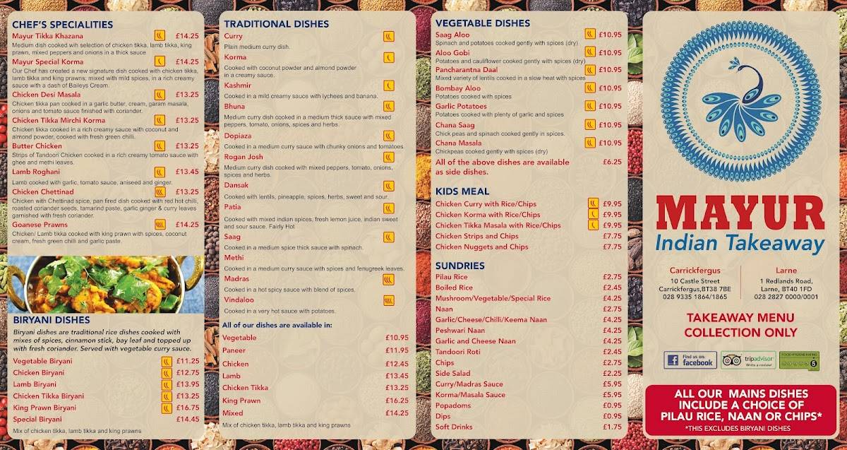 Menu at Mayur Indian Restaurant, Carrickfergus